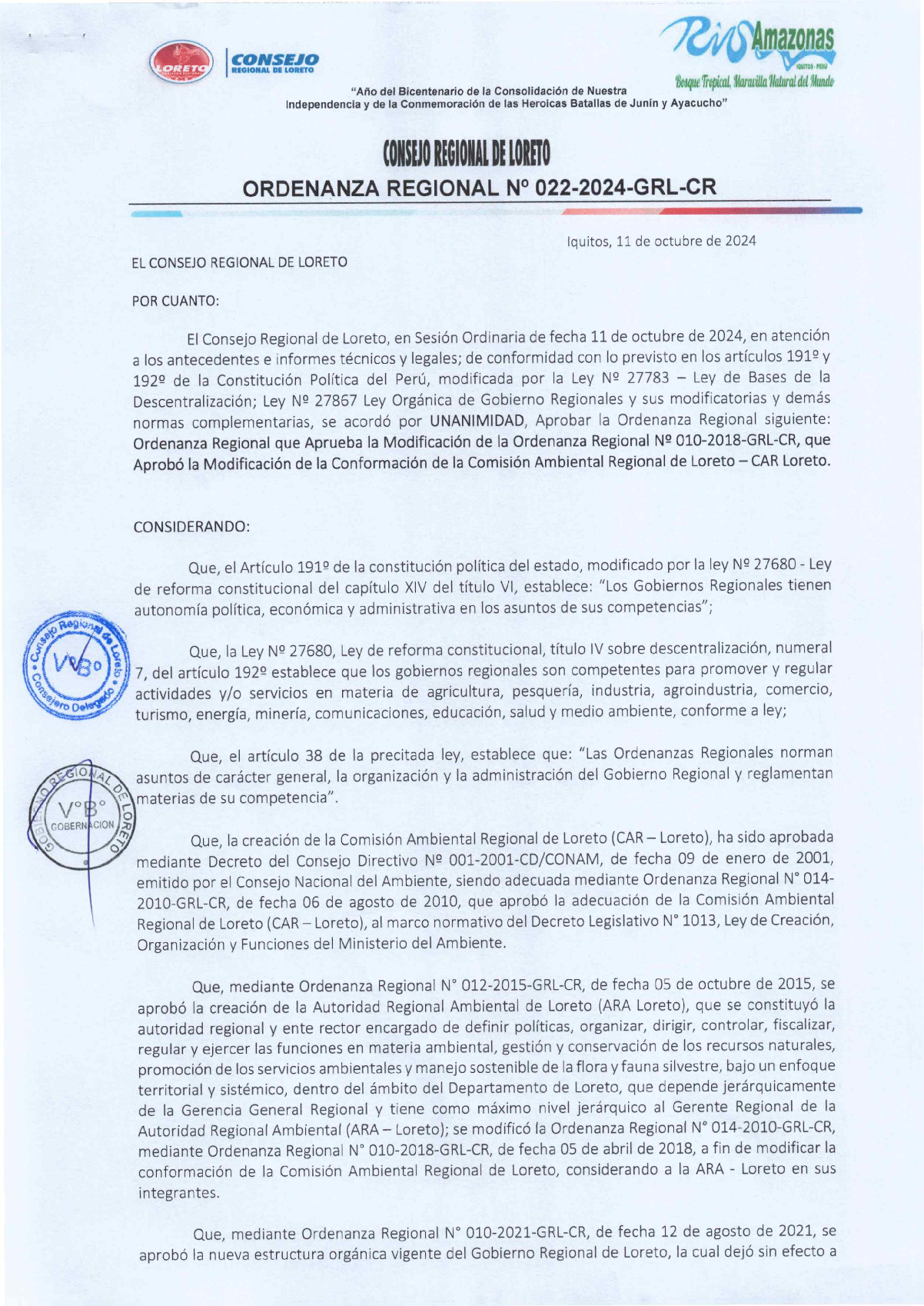 Ordenanza Regional que aprueba la modificacion de la Ordenanza Regional N° 010-2018-GRL-CR, que ...